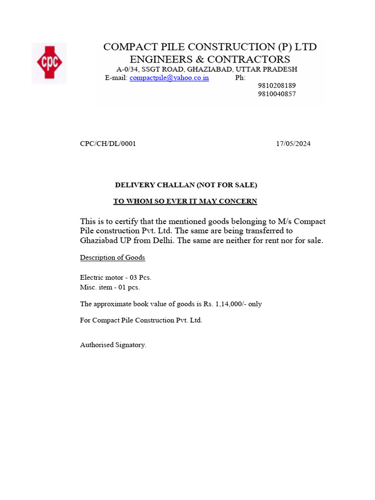 Delivery Challan Format Example | PDF