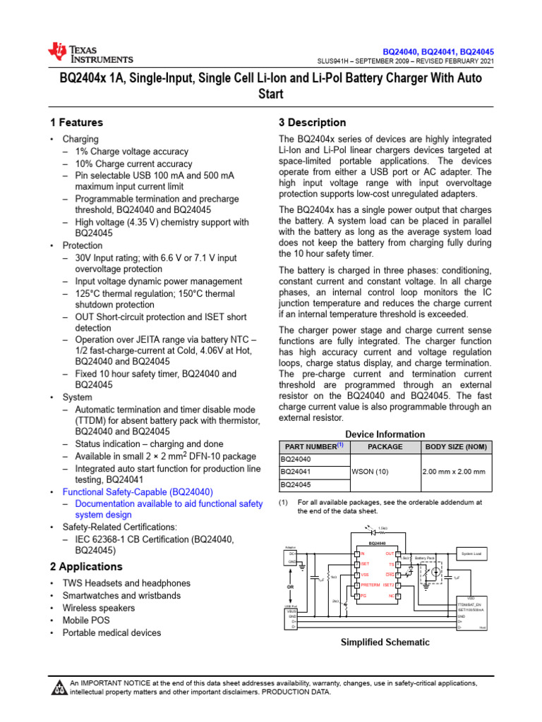 TI, BQ24040, BQ24041, BQ24045, 1A, Single-Input, Single Cell Li-Ion and ...