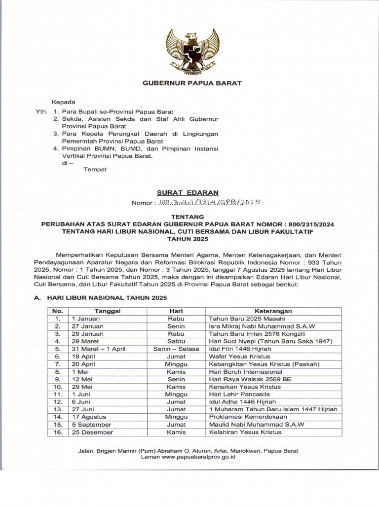 Surat Edaran Libur Terbaru 2025 | PDF