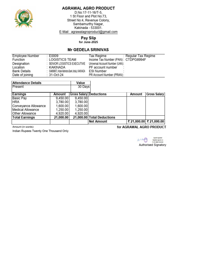 June 2025 Pay Slip for GEDELA SRINIVAS | PDF