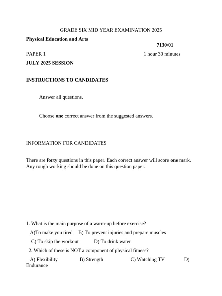 Grade Six Mid Year Pe 1 and 2 | PDF | Drawing | Physical Fitness