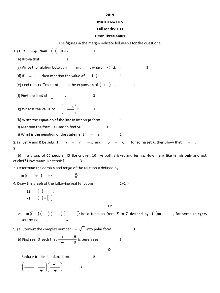 Hs. 1st Year Mathematics 2019 | PDF | Function (Mathematics) | Equations