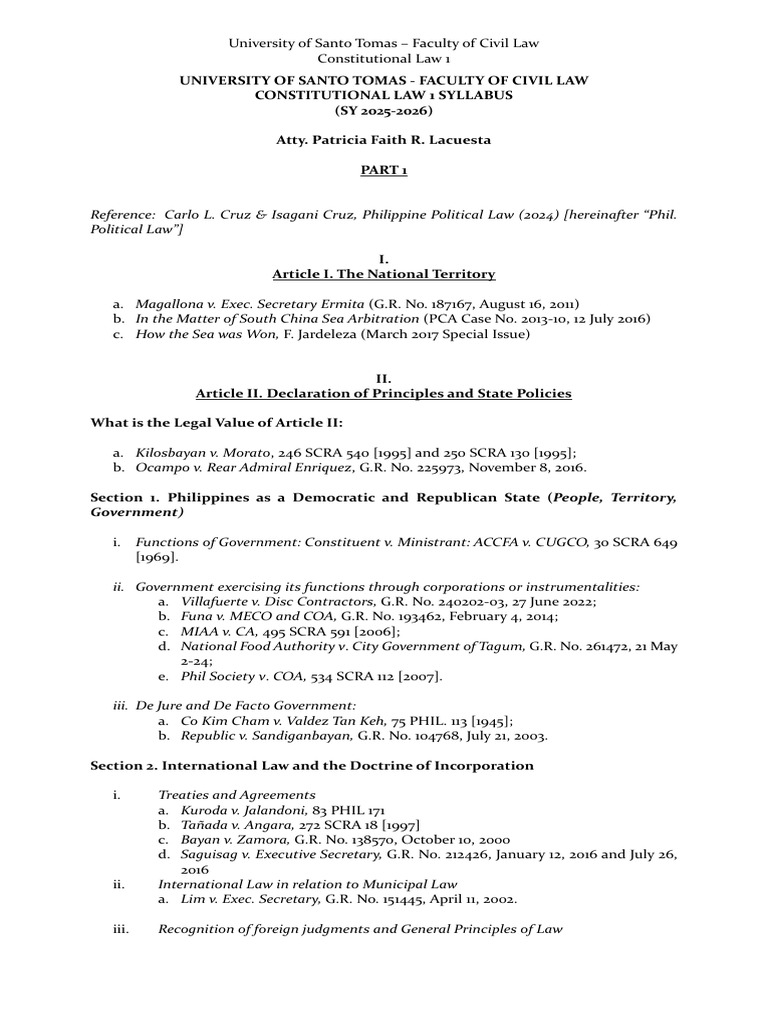 Constitutional Law 1 Syllabus 2025-2026 | PDF | Commission On Elections ...
