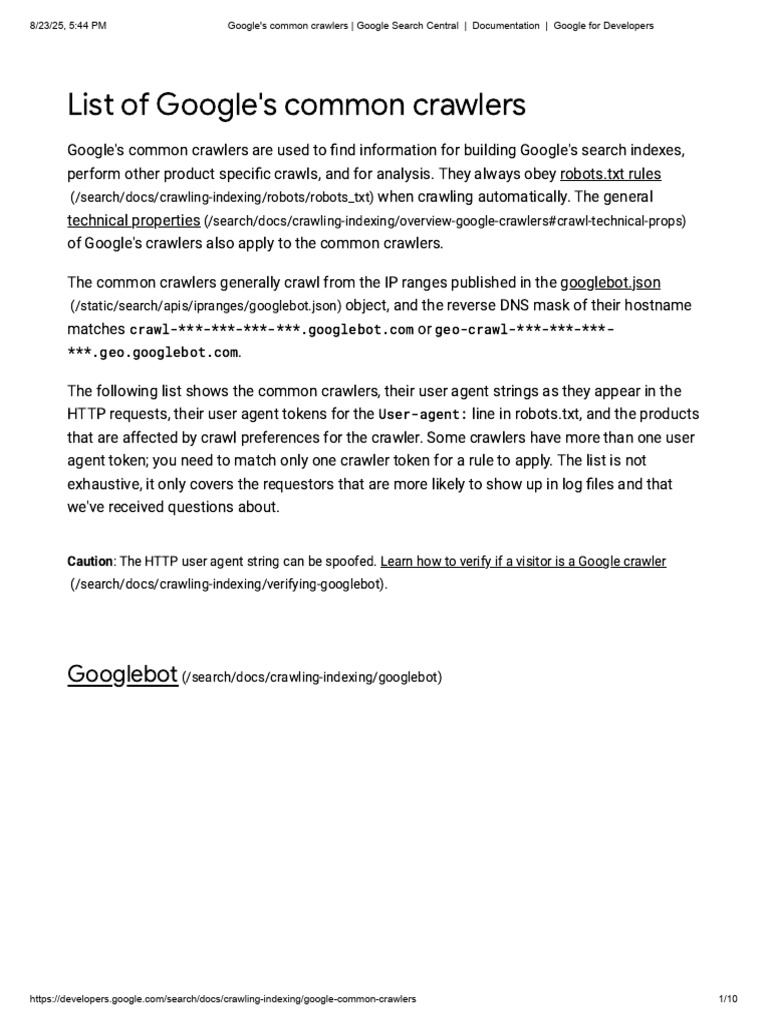 Google's Common Crawlers - Google Search Central - Documentation - Google For Developers | PDF ...