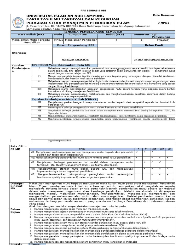 RPS BERBASIS OBE Manajemen Mutu Terpadu Pendidikan | PDF