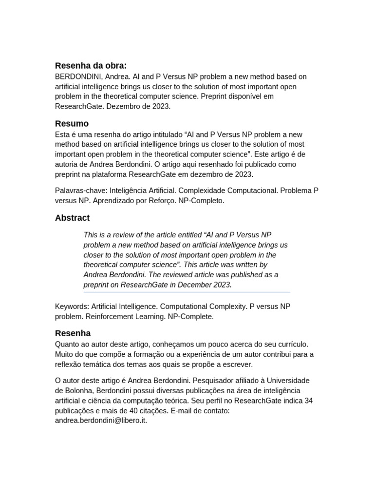 Resenha IA P Versus NP Berdondini Formatado | PDF | Inteligência artificial | Inteligência ...