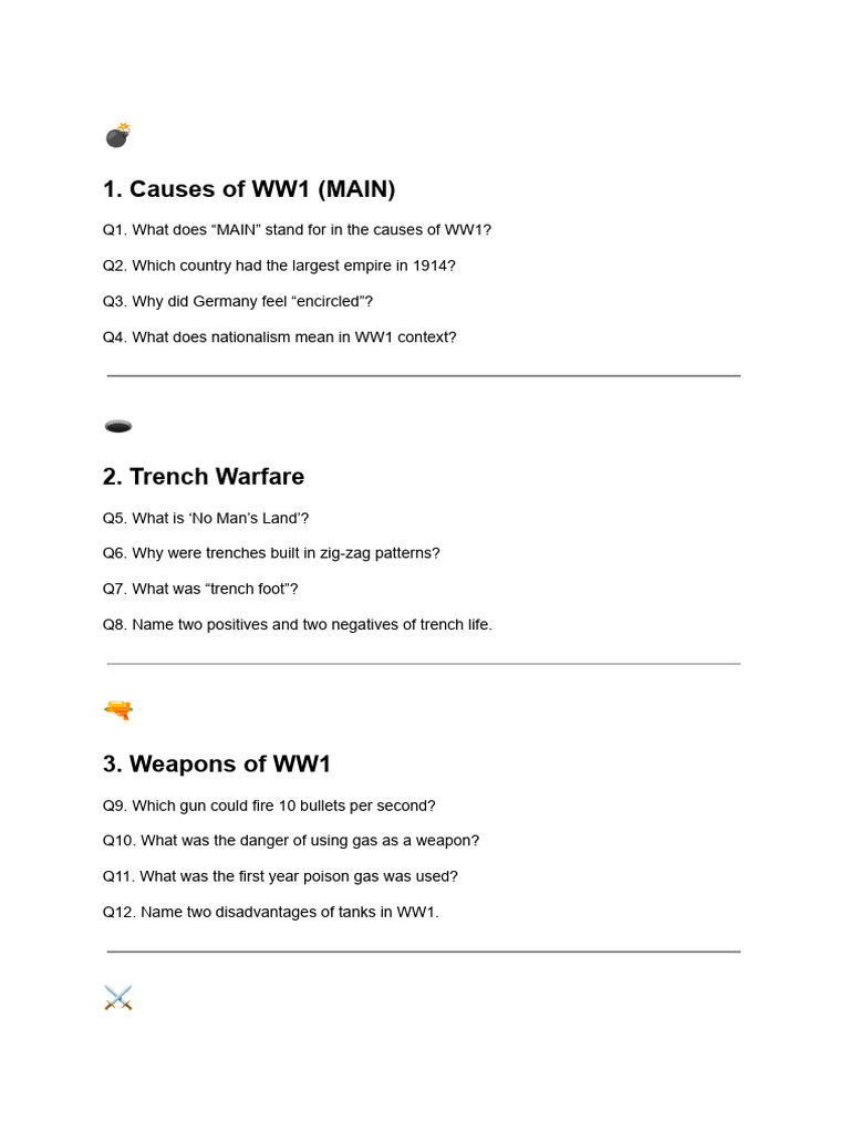 WW1 Quiz: Key Questions & Answers | PDF