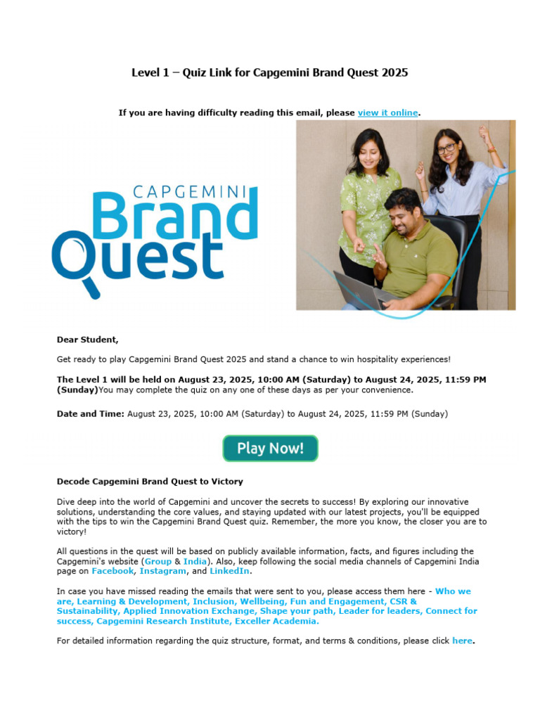 Level 1 - Quiz Link For Capgemini Brand Quest 2025 | PDF