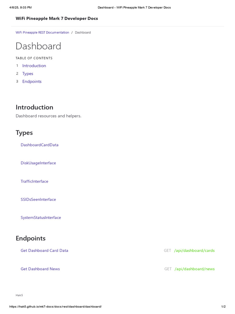 Dashboard - WiFi Pineapple Mark 7 Developer Docs | PDF