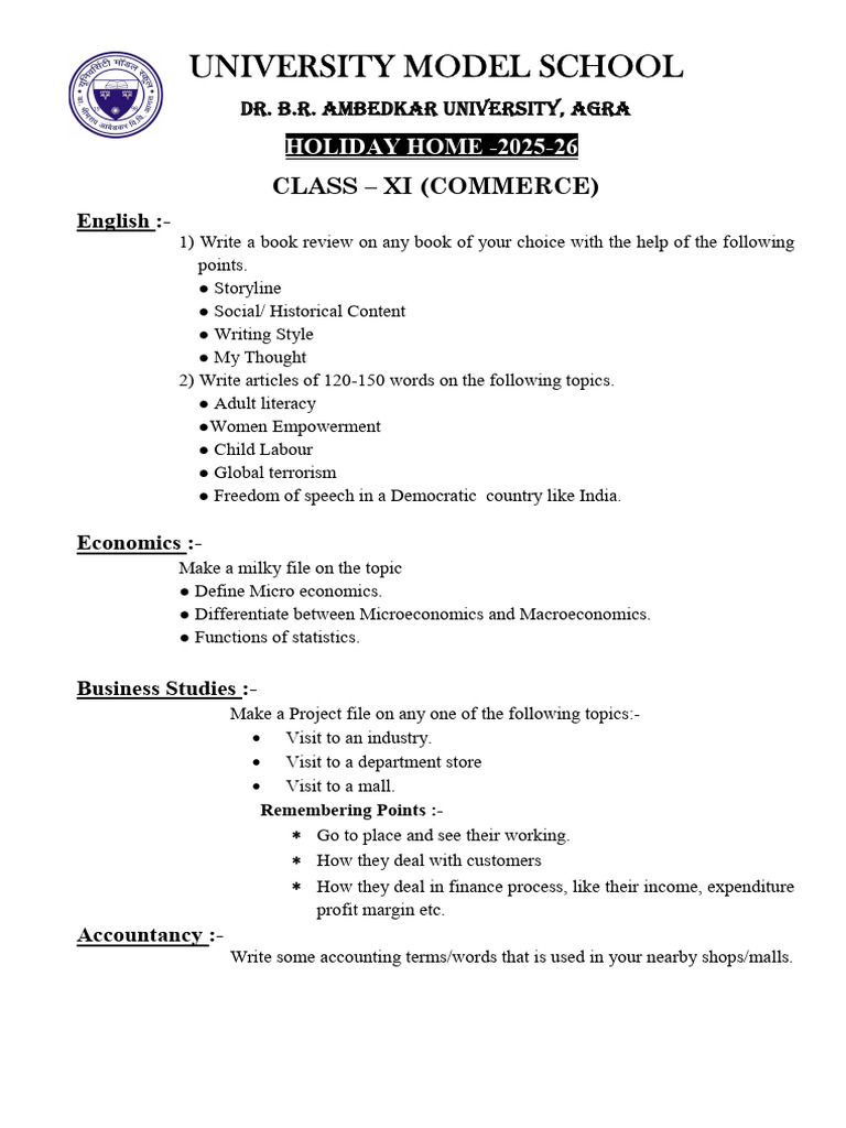 Class-XI B Holiday Homework Commerce (2025-26) | PDF | Economics ...