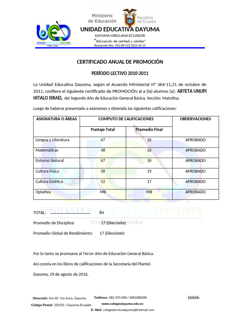 Certificados de Promoción y Matrícula Dayuma | PDF