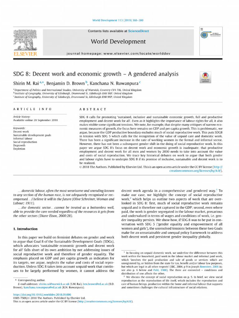 SDG 8 - Decent Work and Economic Growth Â " A Gendered Analysis ...