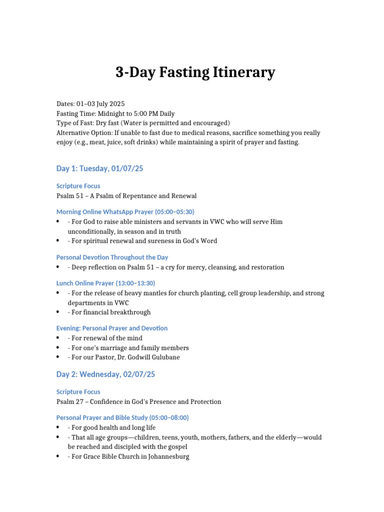 VWC 3 Day Fasting Itinerary Final | PDF