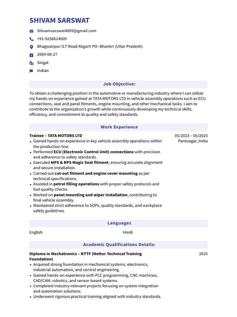 Shivam Sarswat Flowcv Resume 20250605 | PDF | Automation | Machinist