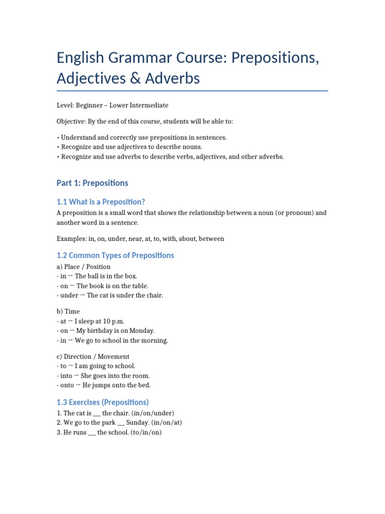 English Grammar Prepositions Adjectives Adverbs Visual | PDF | Adverb ...