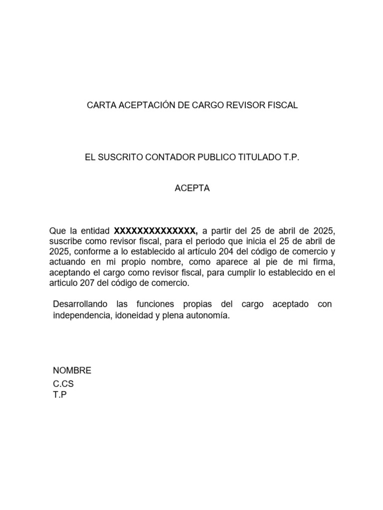 Aceptación Cargo Revisor Fiscal 2025 | PDF