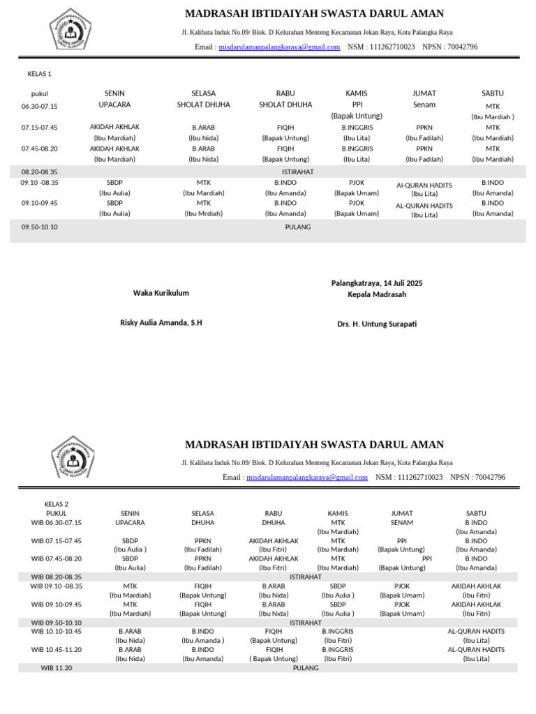Jadwal Pelajaran MI Swasta Darul Aman | PDF
