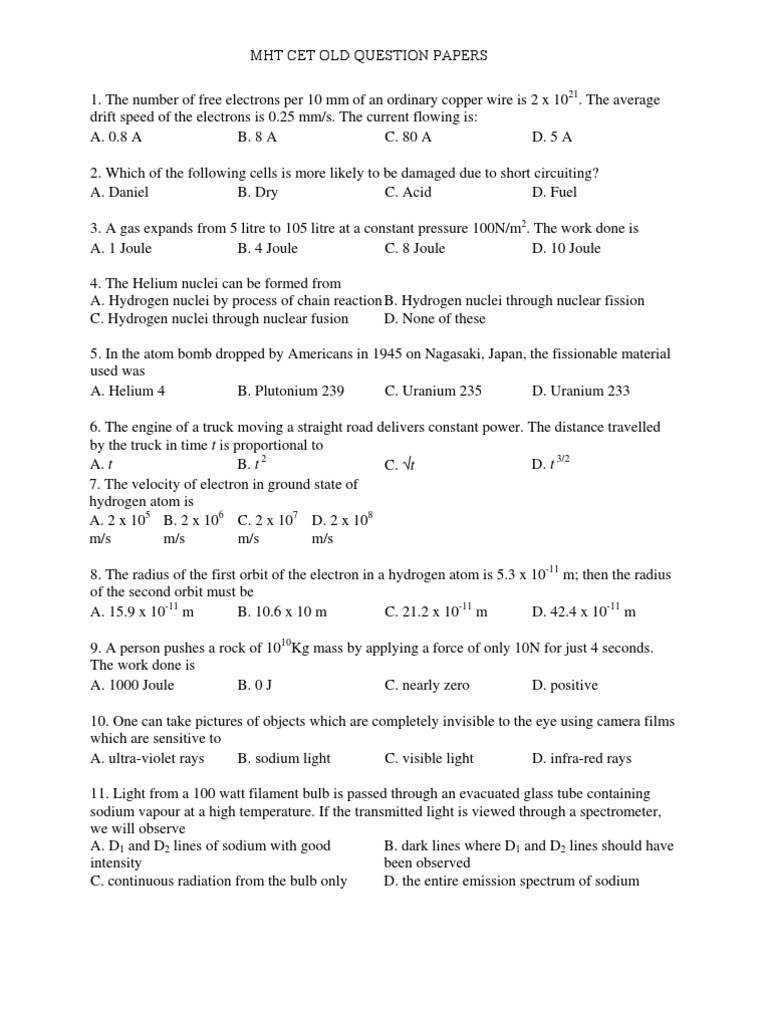 MHT CET Question Papers 1 | PDF | Lens (Optics) | Electrical Resistance ...