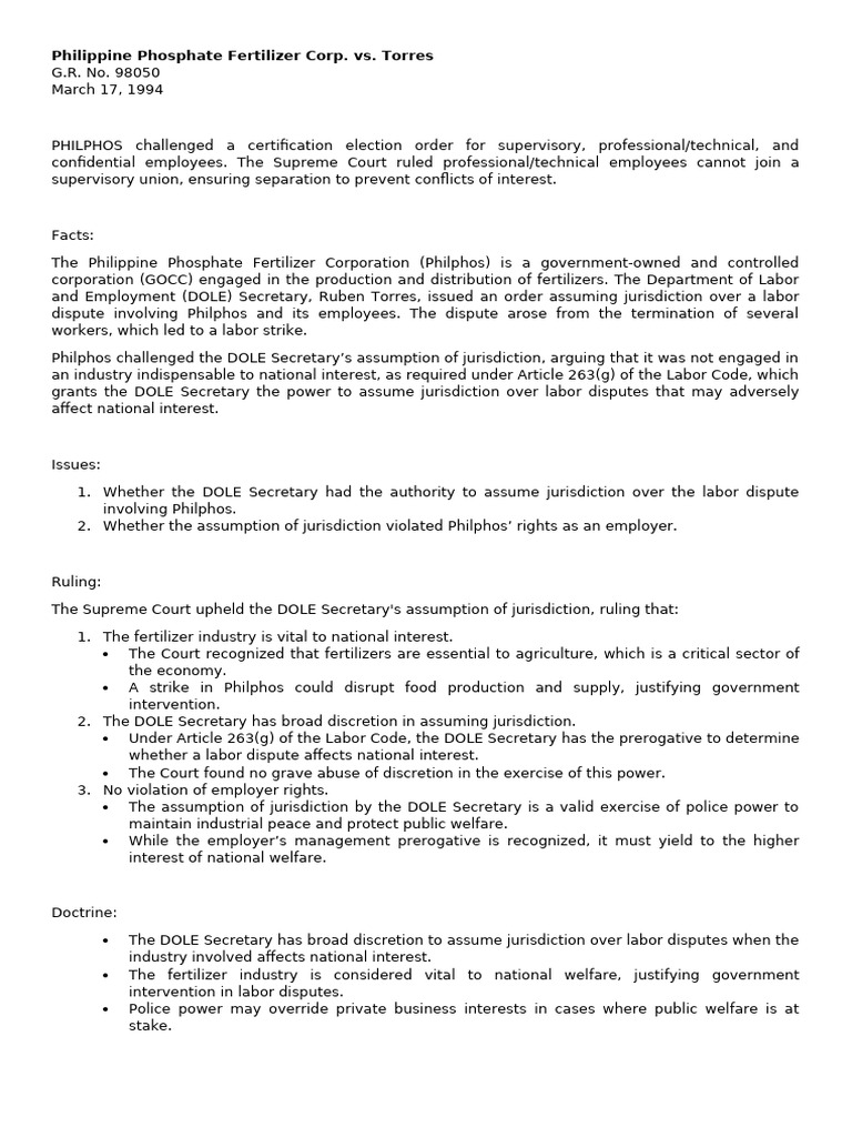 Philippine Phosphate Fertilizer Corp. vs. Torres | PDF | Employment ...