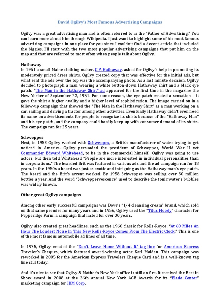 Ogilvy's Iconic Advertising Campaigns | PDF | Promotion And Marketing ...
