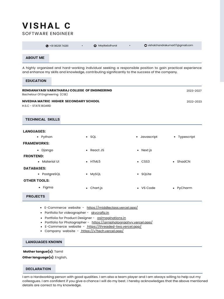 Vishal C - Software Engineer Resume | PDF