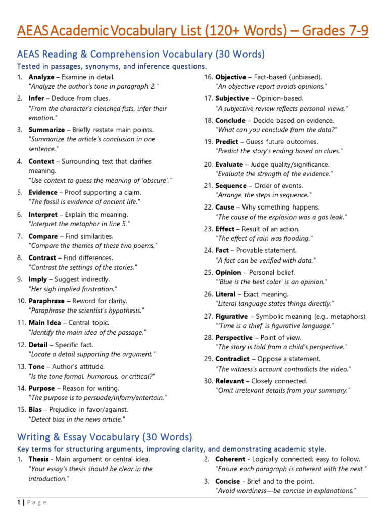 AEAS Academic Vocabulary List (120+ Words) - Grades 7-9 | PDF | Ratio ...