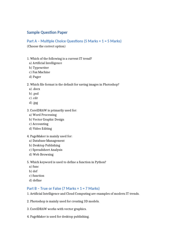 Sample Question Paper IT Photoshop CorelDraw PageMaker Python | PDF