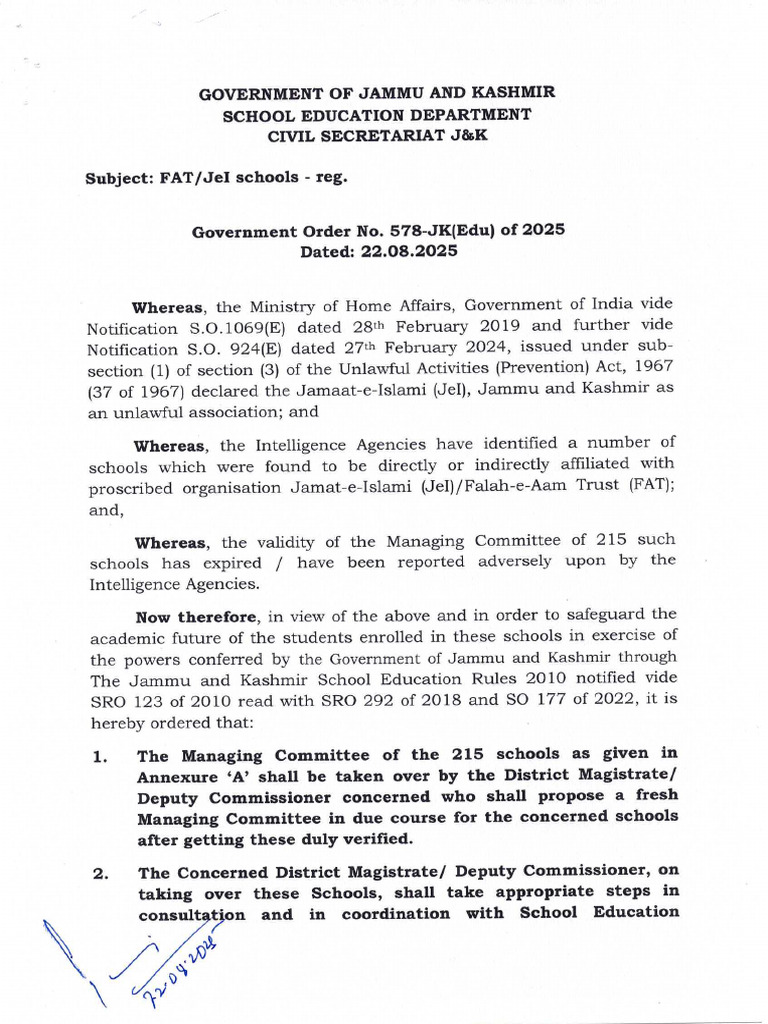 J&K Government's Takeover of 215 FAT-Affiliated Schools | PDF