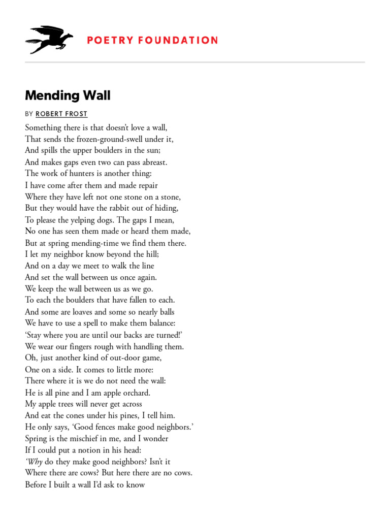 Mending Wall by Robert Frost - Poetry Foundation | PDF
