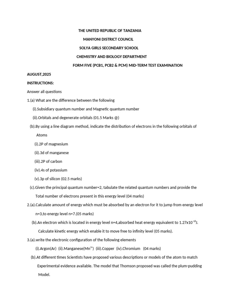 Form Five Chemistry Paper | PDF | Energy Level | Atomic Orbital
