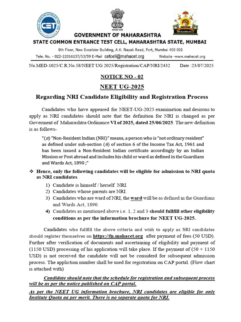 NRI Candidate Eligibility for NEET UG 2025 | PDF