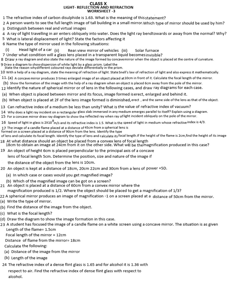 CBSE Class 10 Physics Worksheet 3 Reflection Refraction of Light | PDF ...