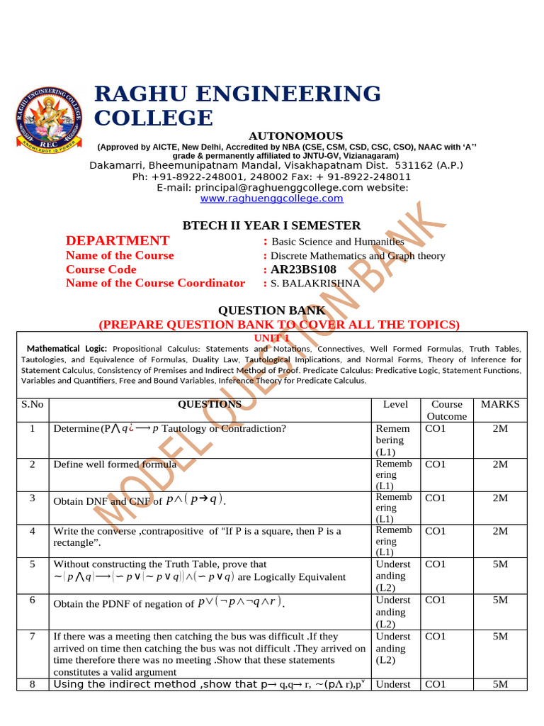 DMGT Question Bank For 2025-2026 | PDF | Graph Theory | Recurrence Relation