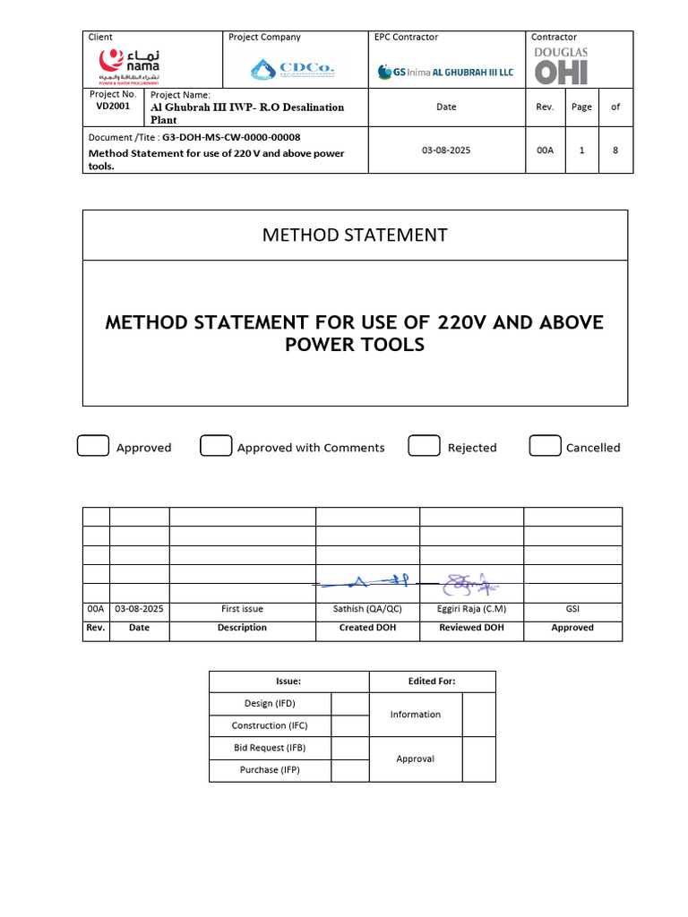 G3-Doh-Ms-Cw-0000-00008 Rev-00a Use of 220v and Above Power Tools | PDF ...