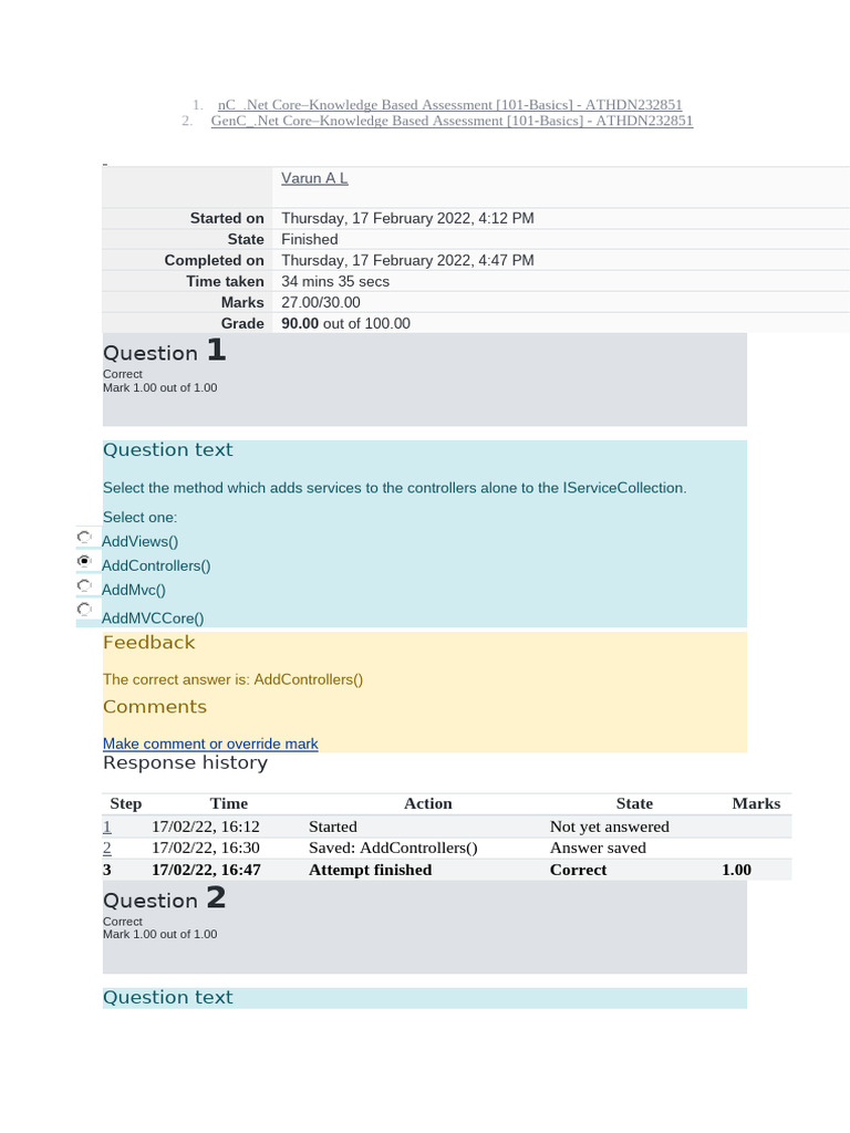 GenC Net Core-Knowledge Based Assessment 101 Basics ATHDN232851Quiz | PDF | Html | Computing