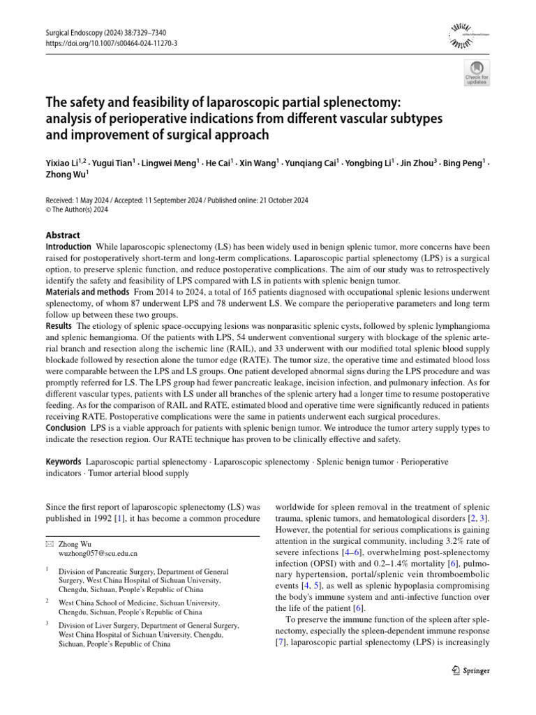 Laparoscopic Partial Splenectomy Safety Study | PDF | Spleen | Surgery