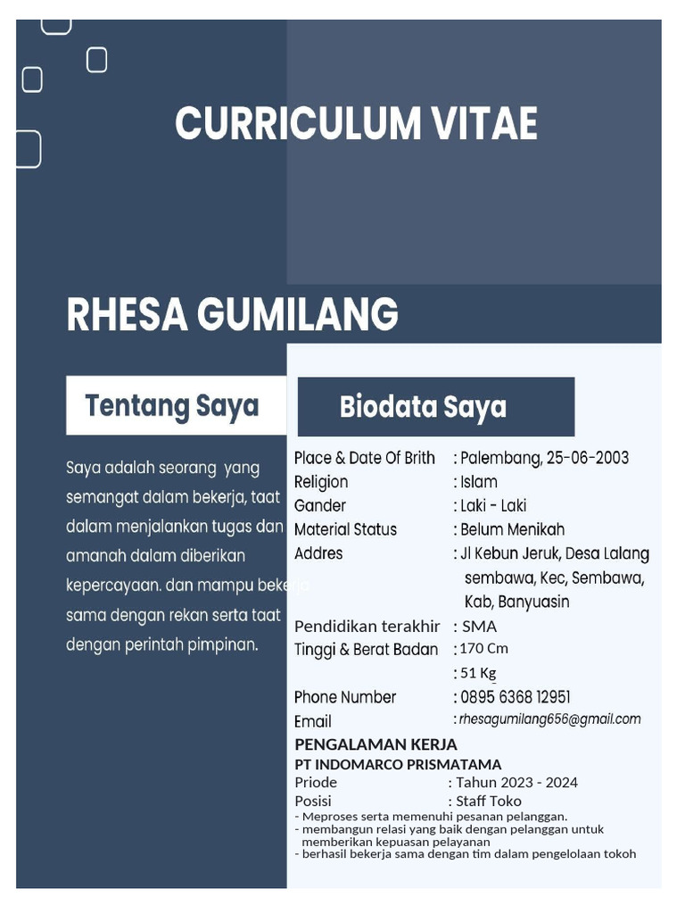 Lamaran Kerja Rhesa Gumilang untuk Admin | PDF