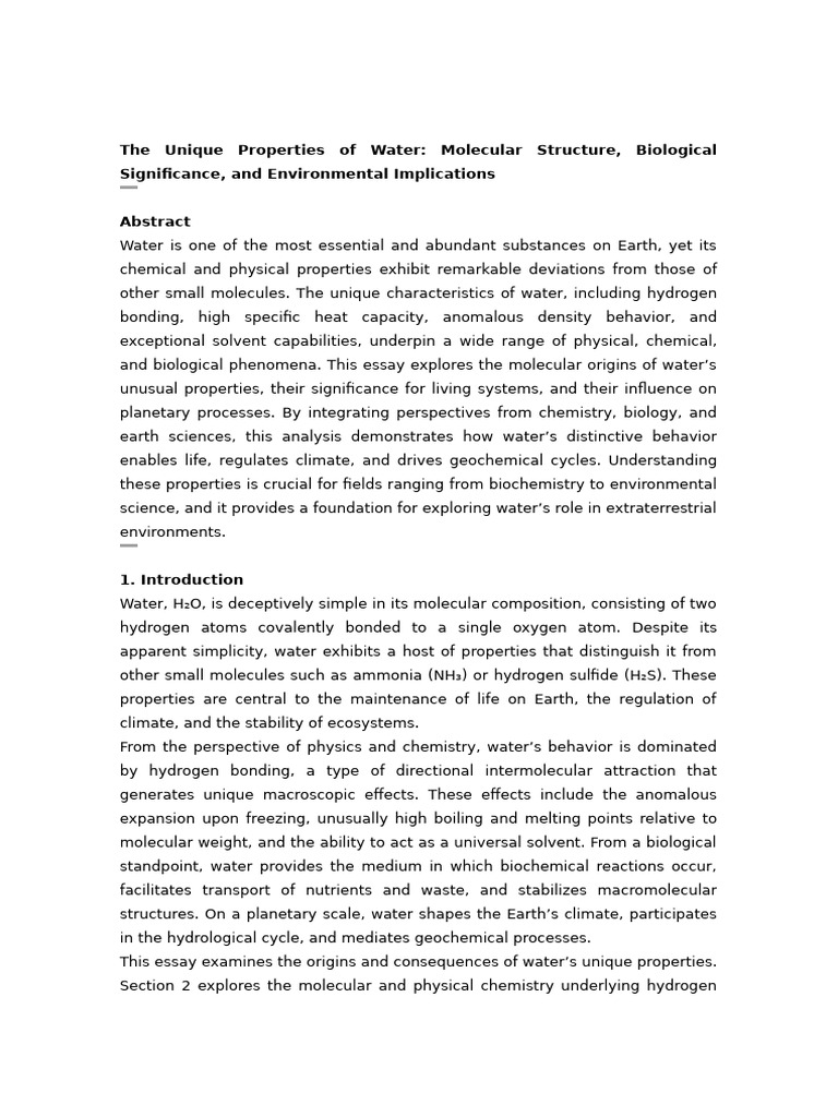 The Unique Properties of Water | PDF | Water | Properties Of Water