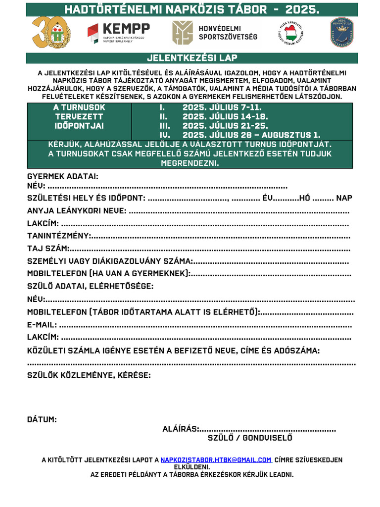 2025 Terepszinu Hadtortenelmi Tabor Jelentkezesi Lap | PDF