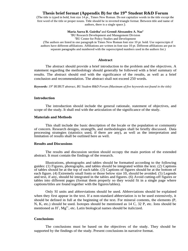 Editable 19th BUSRDF Thesis Brief Format 1 | PDF | Abstract (Summary)
