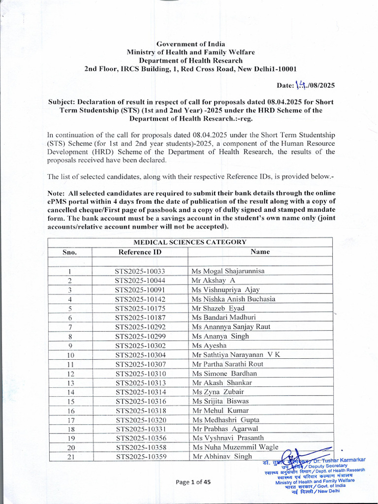 ICMR STS Results 2025 | PDF