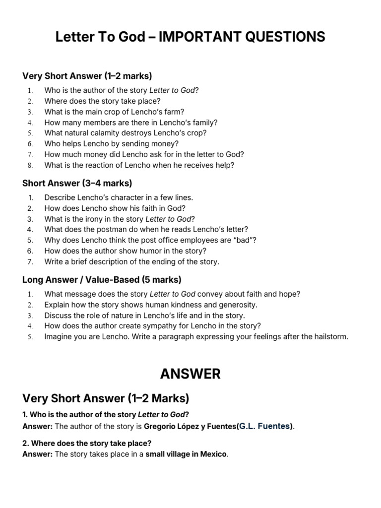 Letter to God: Key Questions & Answers | PDF | Faith | Fear