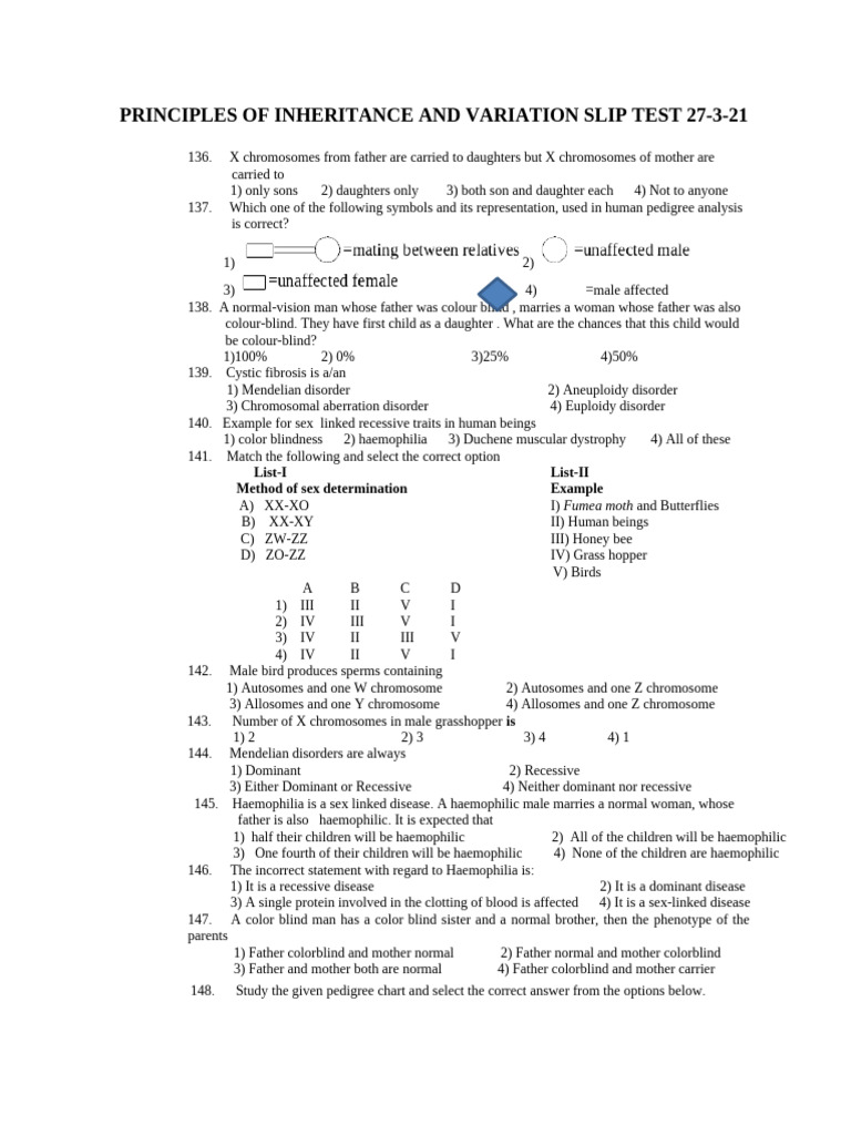 Principles of Inheritance and Variation Slip Test 27-3-21 | PDF ...