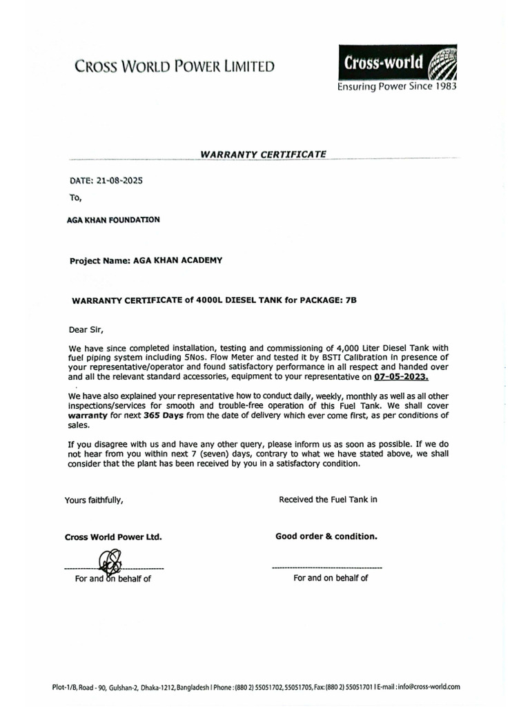 Warranty Certificate of Fuel Tank (PO-AKAD-PO-184) | PDF