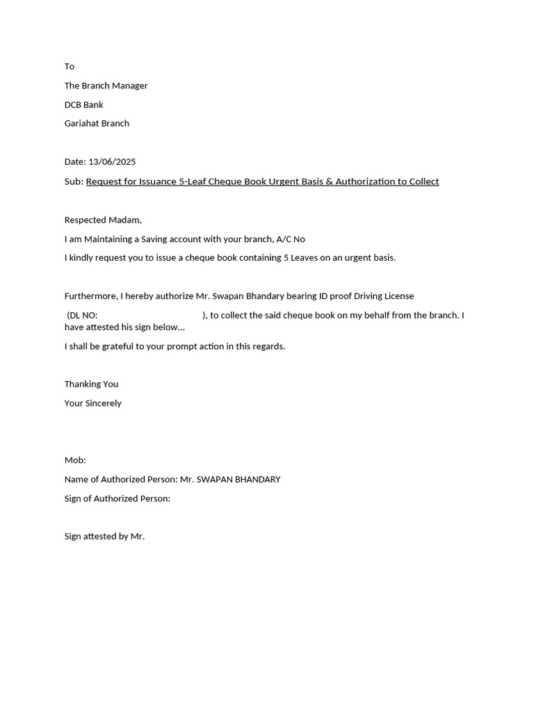 Cheque Book Apply | PDF
