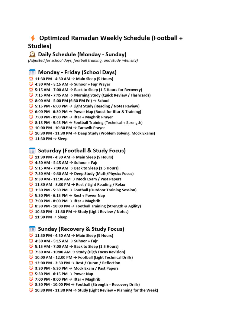 Ramadan Schedule: Football & Studies | PDF