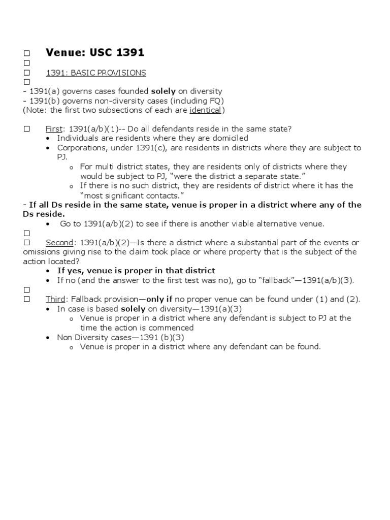 USC 1391 Venue Provisions Explained | PDF | Venue (Law) | Judiciaries