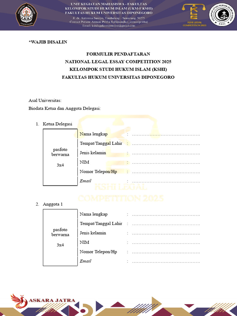 Formulir Pendaftaran Lomba Essay Hukum 2025 | PDF