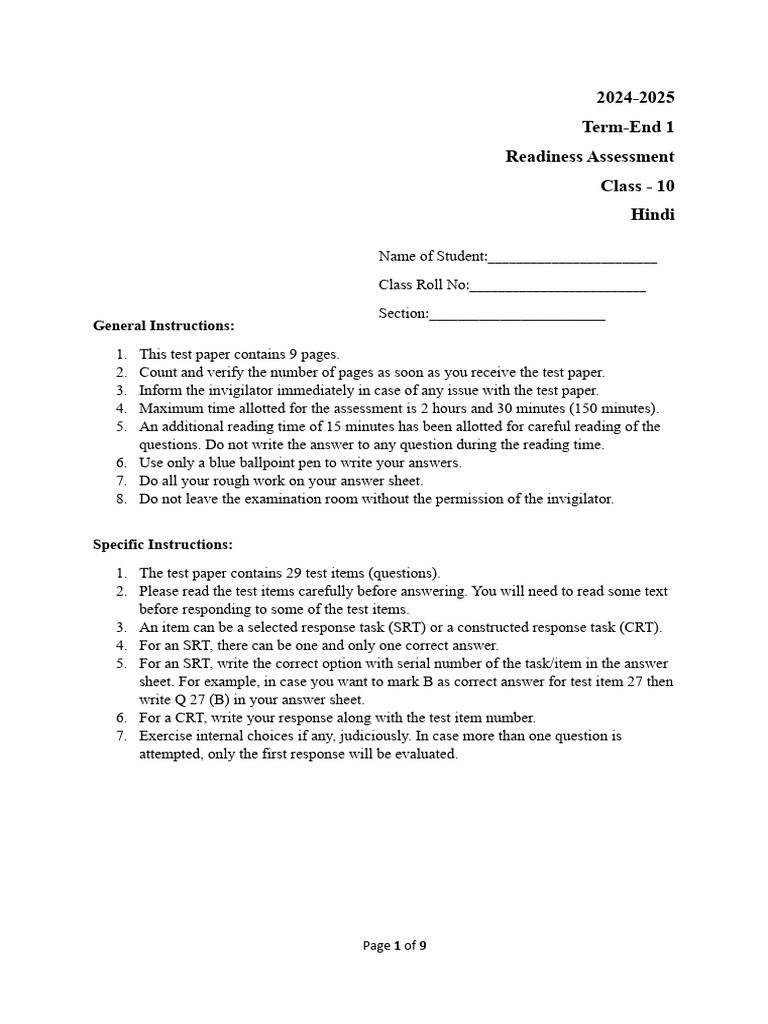 Hindi SOSE 10 Readiness | PDF