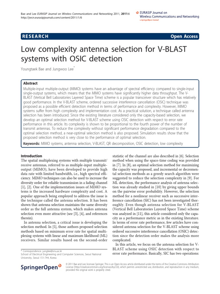 Low Complexity For Antenna Selection For V-Blas Systems With OSIC Detection | PDF | Mimo ...